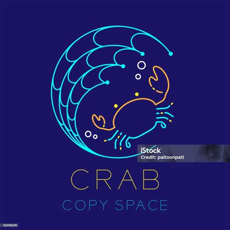 게 그물 원 모양 낚시 및 공기 거품 기호 아이콘 개요 스트로크 설정 어두운 파란색 배경에 게 원본과 복사 공간에 격리는 대시 선 디자인 일러스트 레이 션 0명에 대한 스톡