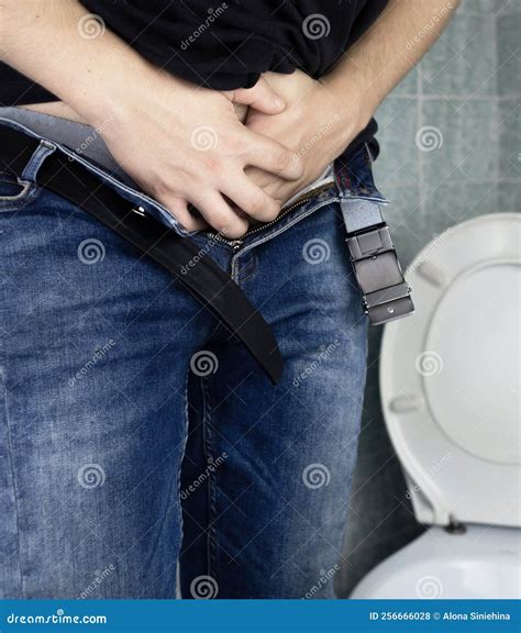 Prostatitis Concept Rear View Of A Man Hard To Pee Difficulty Urinating With Prostatitis