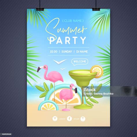 3d 마가리타 칵테일과 플라밍고가 있는 여름 디스코 파티 포스터 화려한 여름 해변 장면입니다 벡터 그림 파티에 대한 스톡 벡터 아트 및 기타 이미지 Istock