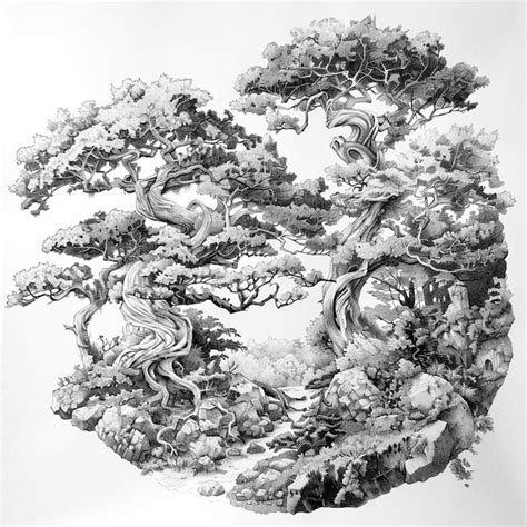 A Black And White Drawing Of A Tree With A Woman On It Premium AI Generated Image
