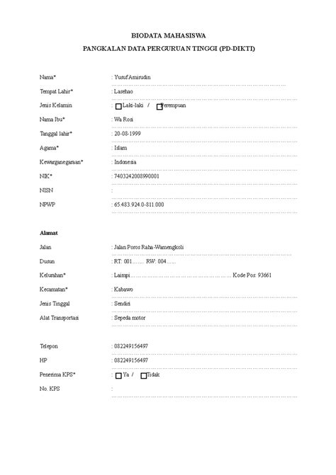 Form Biodata Lapor Diri Pdpt Pd Dikti Biodata Mahasiswa Pangkalan Data Perguruan Tinggi Pd