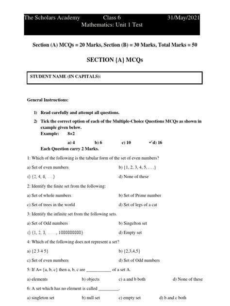 Math Test Class 6 Unit 1 Sets Mcqs Subjective In English Pdf
