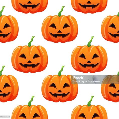 완벽 한 할로윈 패턴과 웃는 만화 스타일의 새겨진 호박이 흰색 배경에 있습니다 계절 포장지 축제 장식 및 으스스한 가을 휴가 디자인에 적합합니다 10월에 대한 스톡 벡터