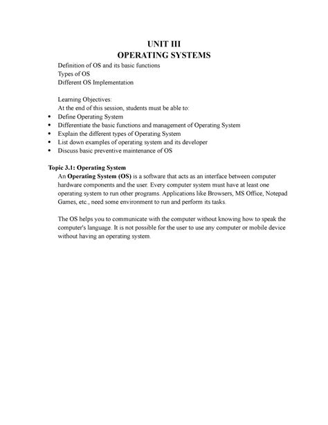 Computer Unit Iii Operating System Unit Iii Operating Systems Definition Of Os And Its Basic