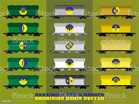 우크라이나 국기의 색상으로 벌크 곡물 옥수수 해바라기 및 곡물의 운송을위한 호퍼의 아이콘 세트 우크라이나 곡물 호퍼는 노란색 파란색입니다 그림 0명에 대한 스톡 벡터 아트
