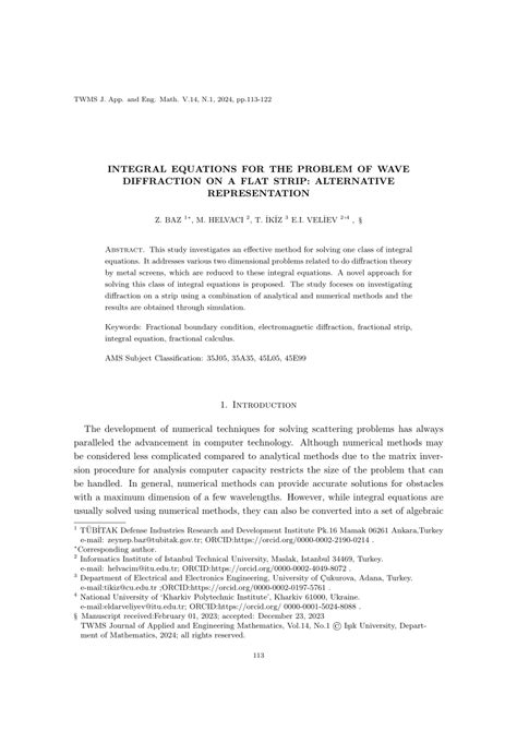 PDF INTEGRAL EQUATIONS FOR THE PROBLEM OF WAVE DIFFRACTION ON A FLAT STRIP ALTERNATIVE