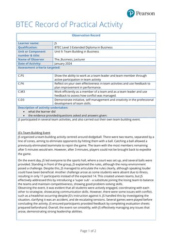 unit 9 team building assignment 2 distinction example teaching