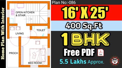 16 X 25 House Plan 400 Square Feet 1bhk House Plan No 086