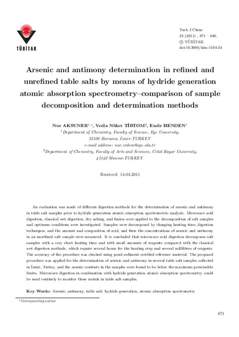 Pdf Arsenic And Antimony Determination In Refined And Unrefined Table Salts By Means Of