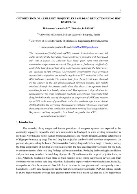 Pdf Optimization Of Artillery Projectiles Base Drag Reduction Using