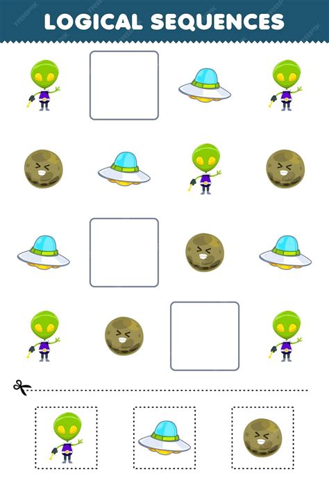 귀여운 만화 외계인 Ufo 행성 인쇄 가능한 태양계 워크시트가 있는 아이들을 위한 어린이 논리적 시퀀스를 위한 교육 게임 프리미엄 벡터