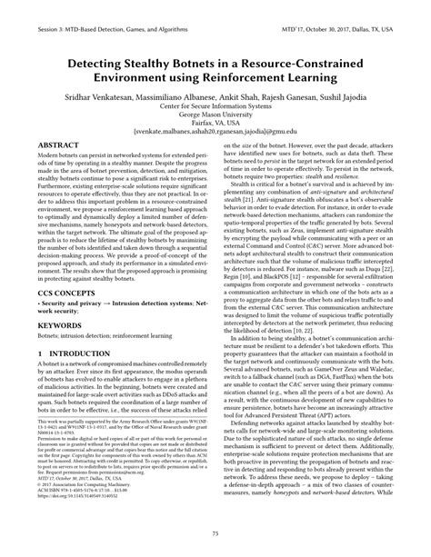 Pdf Detecting Stealthy Botnets In A Resource Constrained Environment Using Reinforcement Learning