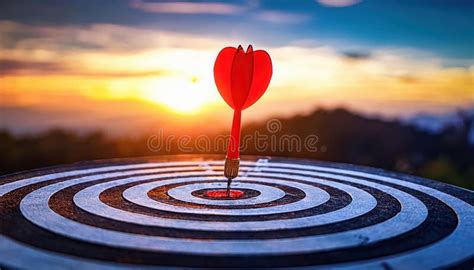 red dart hits bullseye of dartboard against sunset backdrop