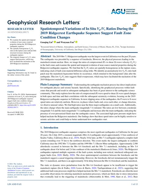 Pdf Spatiotemporal Variations Of In Situ Vpvs Ratios During The 2019 Ridgecrest Earthquake