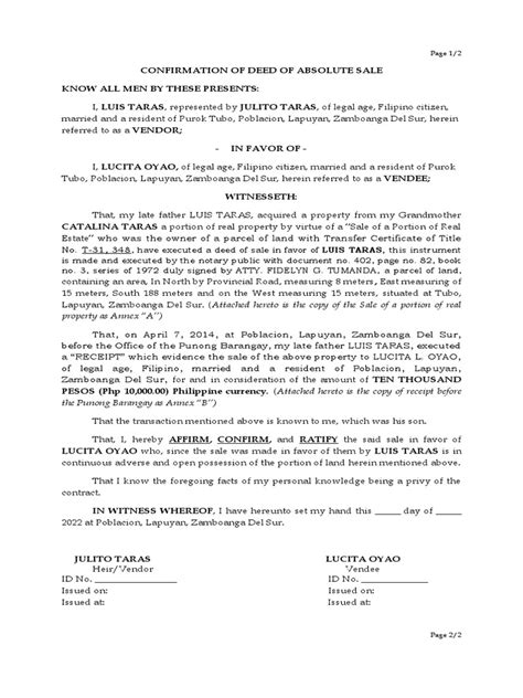 Confirmation Of Deed Of Sale Pdf Law And Economics Civil Law