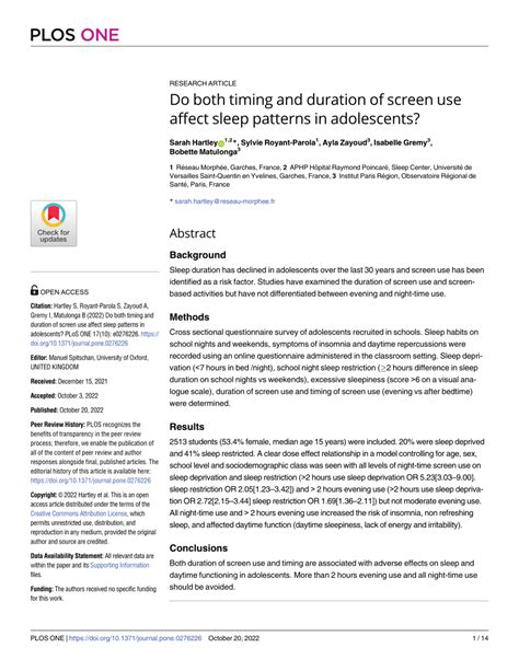 Pdf Do Both Timing And Duration Of Screen Use Affect Sleep Patterns In Adolescents