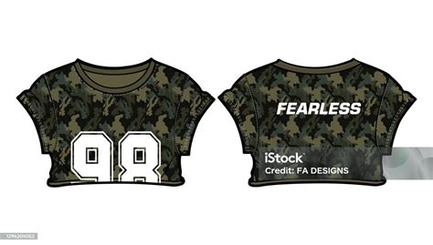 위장 여성 크롭 탑 티셔츠 저지 디자인 컨셉 일러스트 벡터 패셔너블한 캐주얼 웨어 쇼트 슬리브 크롭 탑은 스포츠 활동을 위한