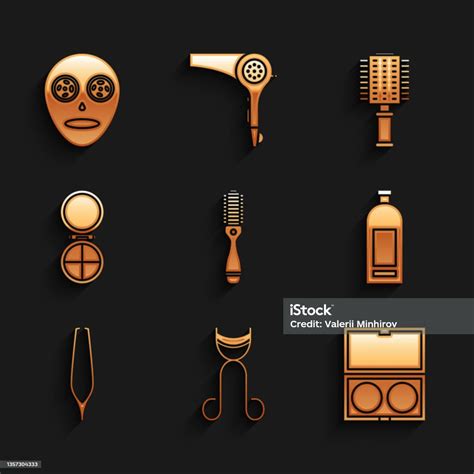 헤어 브러시 속눈썹 컬링 거울이있는 메이크업 파우더 샴푸 병 아이 브로우 핀셋 및 페이셜 코스메틱 마스크 아이콘을 설정합니다 벡터 0명에 대한 스톡 벡터 아트 및 기타