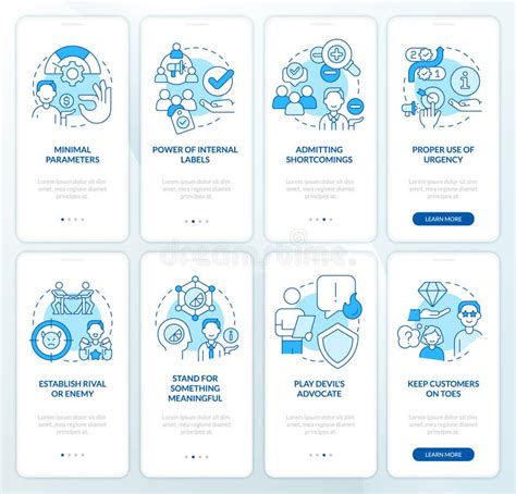 Psychological Marketing Tactics Blue Onboarding Mobile App Screen Set Stock Illustration