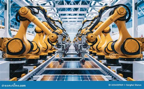A Row Of Robots Working On A Solar Panel Assembly Line Ai Stock Image
