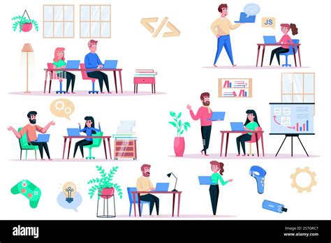 Game Developer Working Isolated Elements Set Bundle Of Men And Women Programmers Write Code