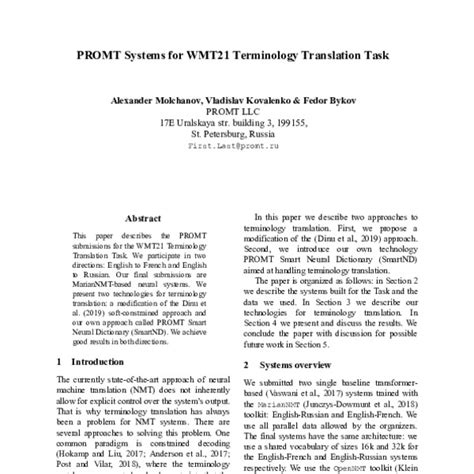Promt Systems For Wmt21 Terminology Translation Task Acl Anthology