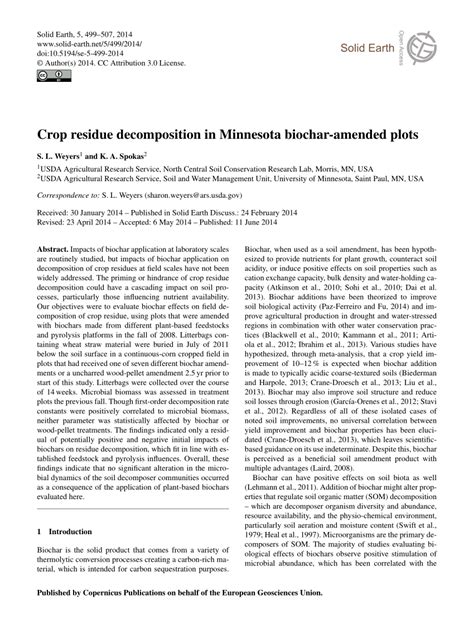 Pdf Crop Residue Decomposition In Minnesota Biochar Amended Plots