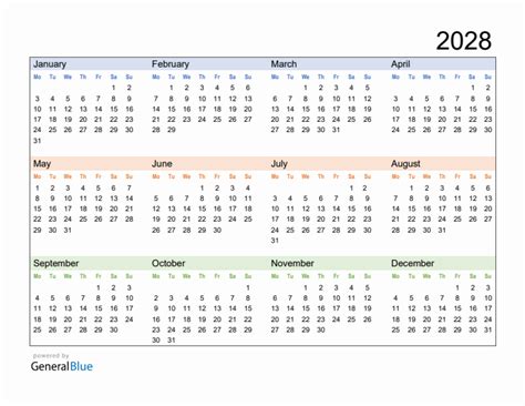 2028 Yearly Calendar With Monday Start