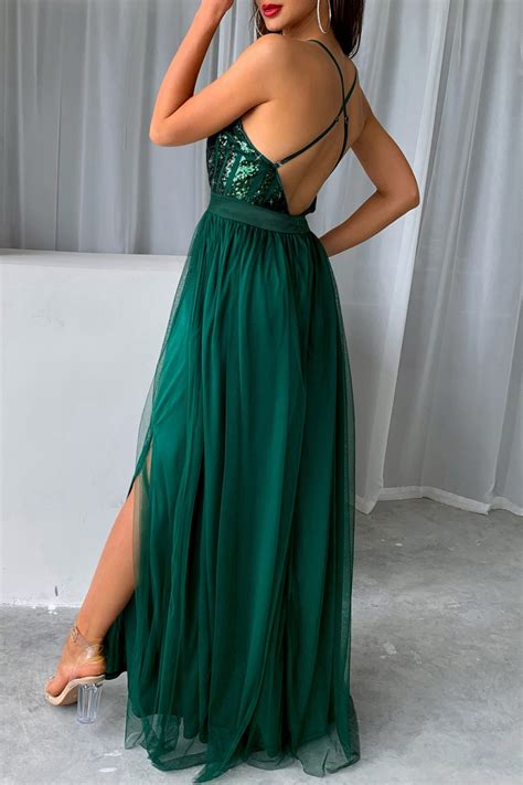 Wholesale Ink Green Sexy Formal Patchwork Sequins Backless Slit