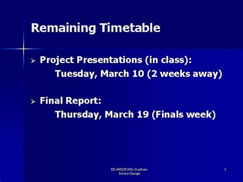 Remaining Timetable Project Presentations In Class Tuesday March