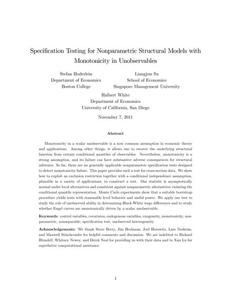 Pdf Specification Testing For Nonparametric Structural Models With