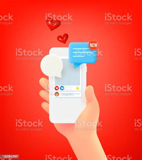 스마트 폰과 손 소셜 미디어 커뮤니케이션 개념 3d 벡터 일러스트 레이 션 3차원 형태에 대한 스톡 벡터 아트 및 기타 이미지 3차원 형태 Brand Name