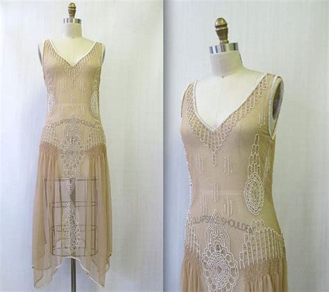 Vintage 1920s Inspired Nude Sheer Mesh Beaded Flapper Dress Art Deco
