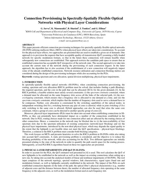 Pdf Connection Provisioning In Spectrally Spatially Flexible Optical Networks With Physical