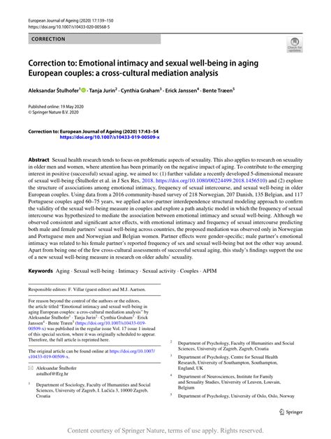 Correction To Emotional Intimacy And Sexual Well Being In Aging European Couples A Cross