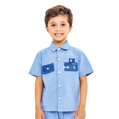 Camisa Meninos Manga Curta Ao Trabalho Listrada Azul Alphabeto Ecameleca