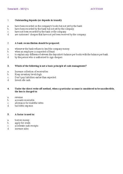Tute MCQs For Babes Tutorial MCQs ACCT Outstanding Deposits Or Deposits In