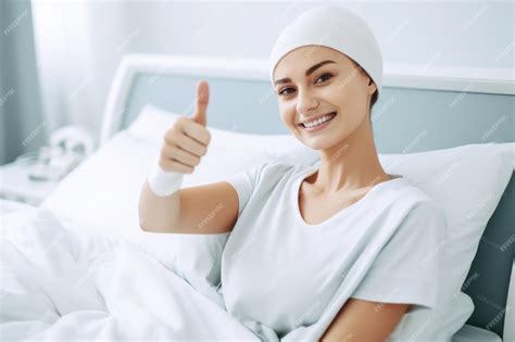 Premium Photo Female Cancer Patient Lying On A Hospital Bed Cheerful Woman Cancer Patient