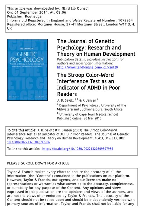 Pdf The Stroop Color Word Interference Test As An Indicator Of Adhd