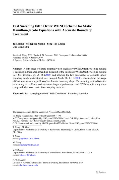 Pdf Fast Sweeping Fifth Order Weno Scheme For Static Hamilton Jacobi Equations With Accurate