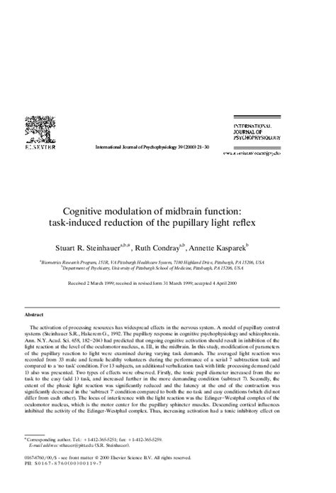 Pdf Cognitive Modulation Of Midbrain Function Task Induced Reduction Of The Pupillary Light