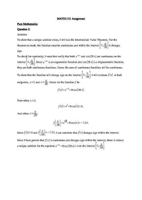 Math1131 Assignment Math1131 Assignment Pure Mathematics Question 2