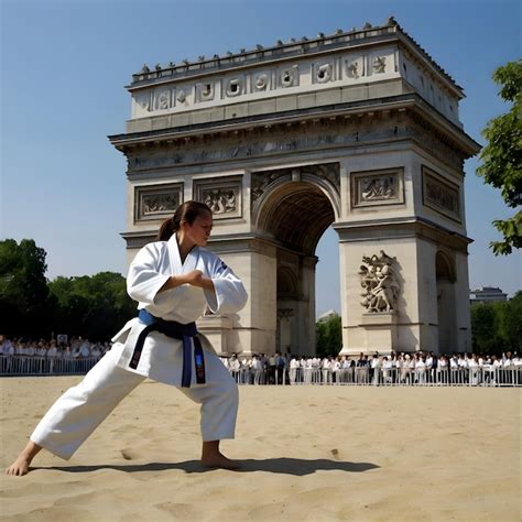 A Judo Match Between Two Female Athletes Framed By A Neoclassical Arch