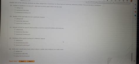 Solved Classify Each Of The Following Attributes As Either