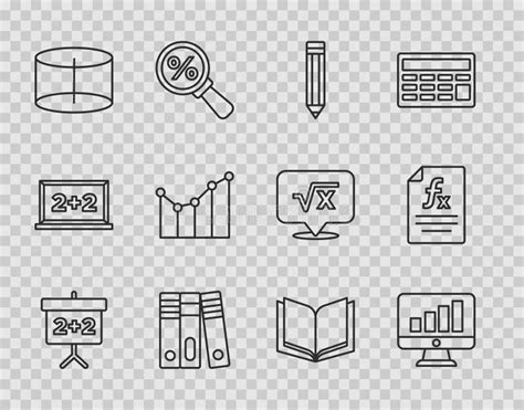 Set Line Chalkboard Computer Monitor With Graph Chart Pencil Office Folders Geometric Figure