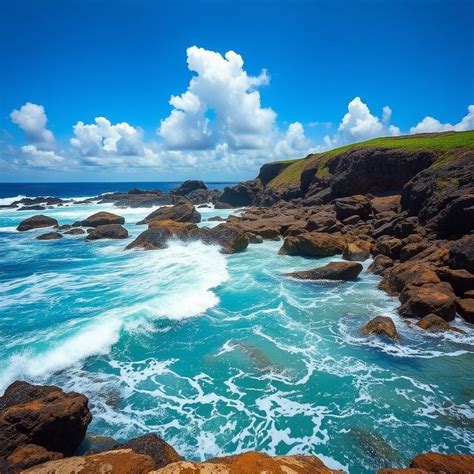 Stunning Coastal Landscape With Turquoise Waves Crashing Against Rocky