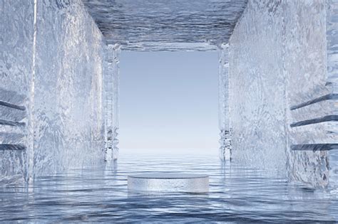 Abstact 3d는 겨울 장면과 자연 배경을 렌더링하며 연단은 제품 전시 광고 모형 등을 위해 얼음 도시의 입구와 출구 게이트 사이에 있습니다 3차원 형태에 대한 스톡