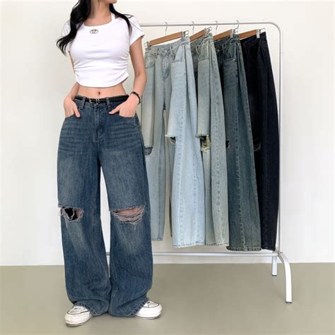 조이조이 40할인💖 2단기장무파진 테이크 옆핀턱 구제 데미지 와이드 청바지 빈티지 워싱 찢청 루즈핏 데님 팬츠