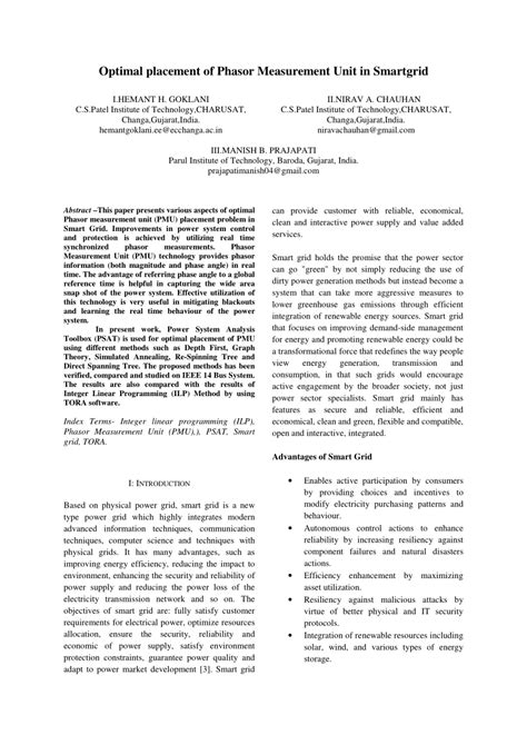 Pdf Optimal Placement Of Phasor Measurement Unit In Smartgrid