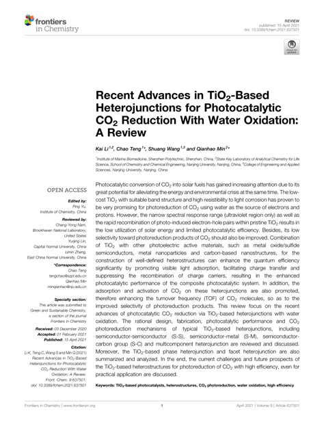 Pdf Recent Advances In Tio2 Based Heterojunctions For Photocatalytic Co2 Reduction With Water